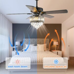 FebFurniture 52" Crystal Ceiling Fan Fandelier with Lights and Remote Control Modern Chandelier Ceiling Fan with Reversible Blades, Silent Motor, 3 Speed, 4 Timing Options, Chrome