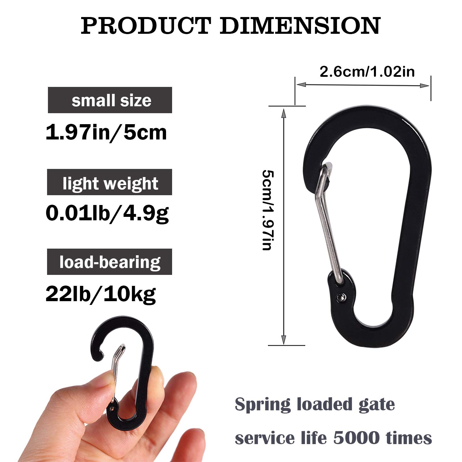 Nanaborn Mini Aluminum Carabiner Lightweight D-Shape Spring Clips (10PCS) for Keychain Climbing Fishing, Hiking Outdoor (10pcs)