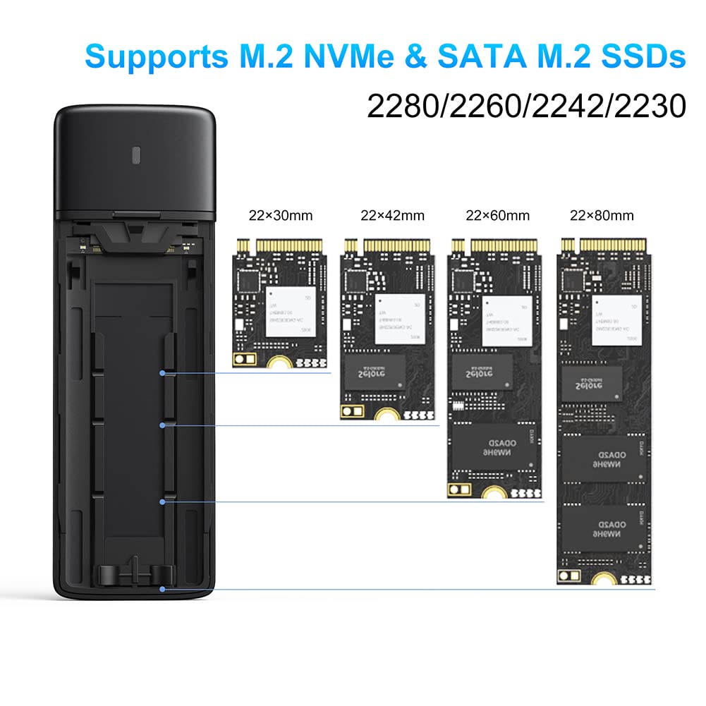 M.2 NVME SATA SSD Enclosure Adapter, Tool-Free USB C 3.1 Gen 2 10Gbps to NVME PCIe M-Key(B+M Key) Solid State Drive External Enclosure Support UASP Trim for SSD Size 2230/2242/2260/2280