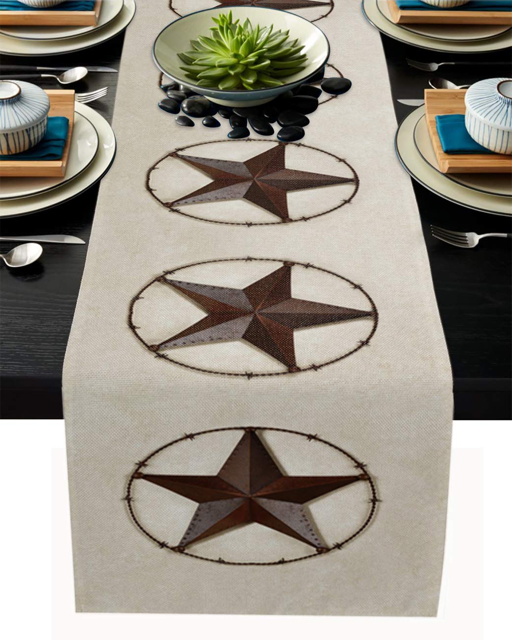 Texas Western Star Rustic Table Runner-Cotton linen-Long 108 inche Barn Star Dresser Scarves,Kitchen Coffee/Dining Farmhouse Cowboy Tablerunner for Country Home Living Room,Holiday Dinner Scarf Decor