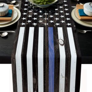 Thin Blue Line Rustic Table Runner-Cotton Linen-Long 90 inche Black American Police Flag Dresser Scarves,Tablerunner for Kitchen/Coffee/Dining,Gift for Law Enforcement,Home Décor Holiday Dinner Scarf