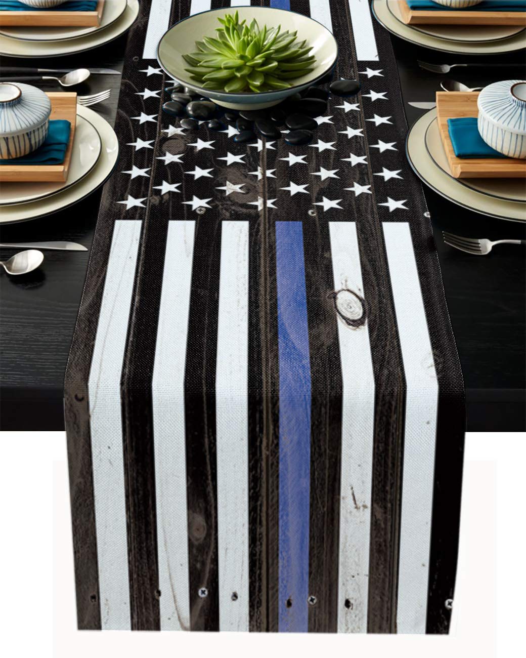 Thin Blue Line Rustic Table Runner-Cotton Linen-Long 90 inche Black American Police Flag Dresser Scarves,Tablerunner for Kitchen/Coffee/Dining,Gift for Law Enforcement,Home Décor Holiday Dinner Scarf