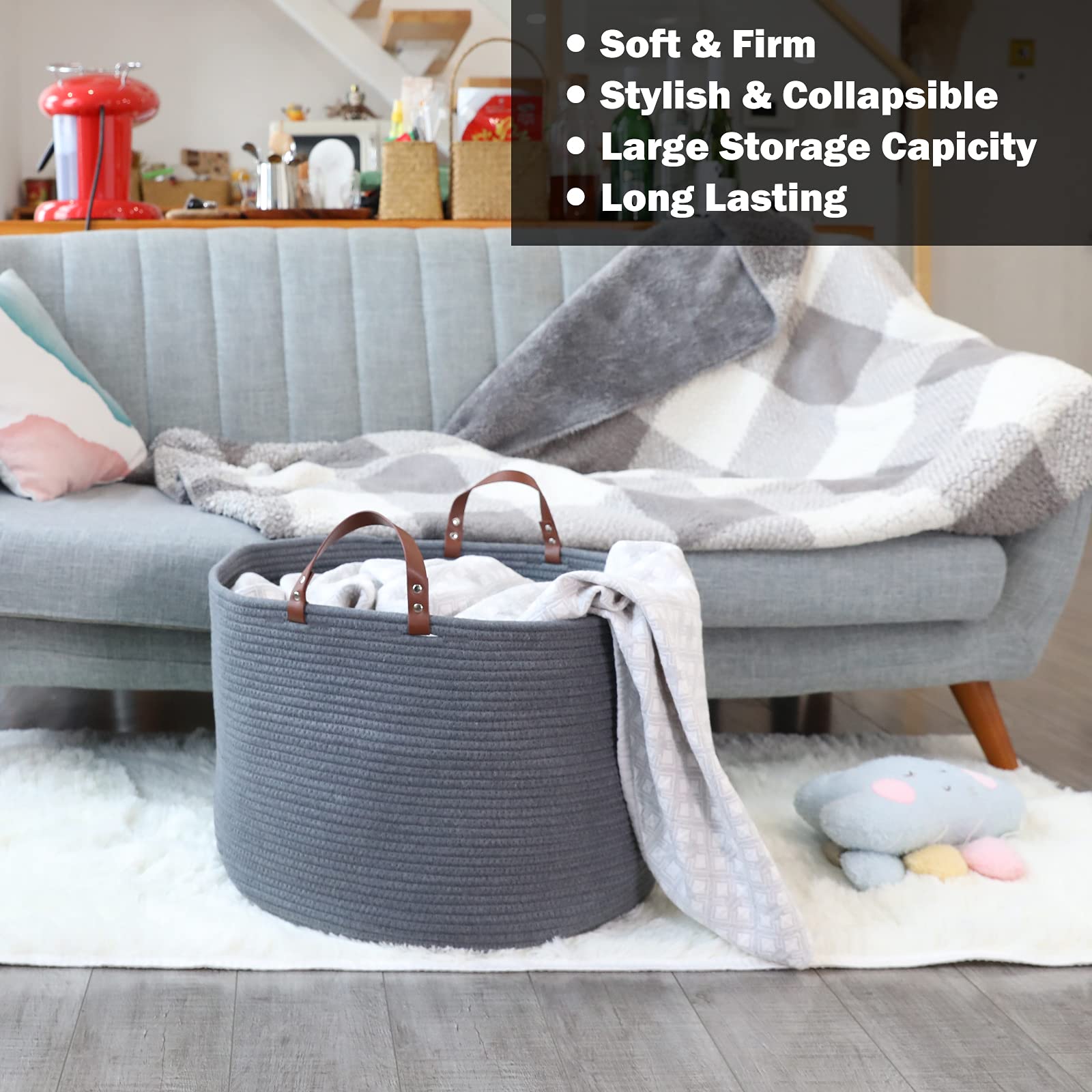 XXL Multi Purpose Large Blanket Basket Living Room 20"X20"X13", Haidms Blanket Storage Basket Living Room, Large Woven Laundry Basket - Rope Storage Basket Large Baskets for Blankets Storage