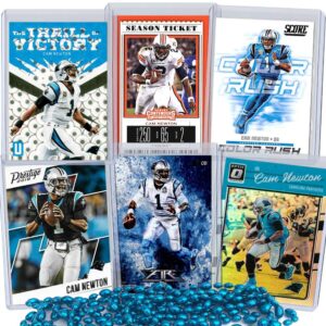 cam newton football card bundle, set of 6 assorted new england patriots carolina panthers auburn tigers mint football cards gift set of mvp quarterback cam newton, protected by sleeve and toploader