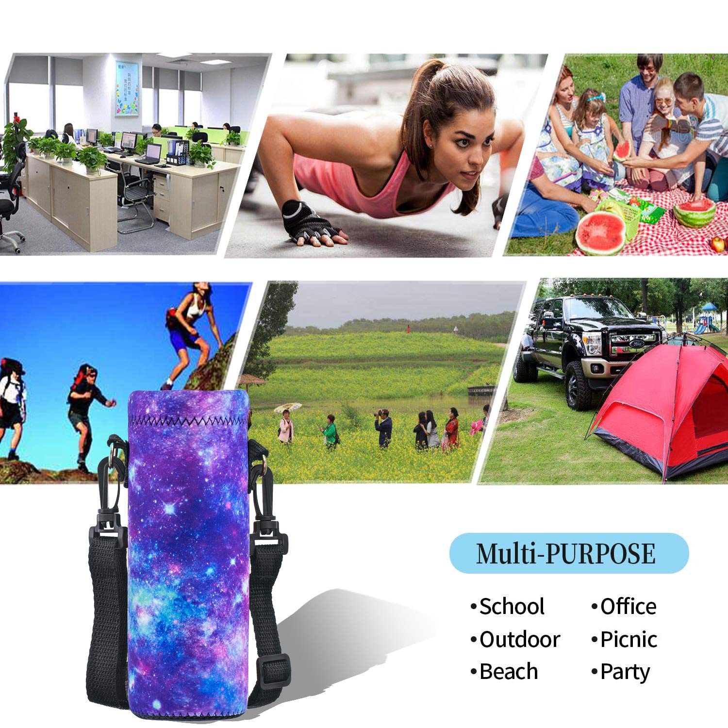 AORTDES Water Bottle Sling Case Bag Carrier Holder - 500ML/16.9oz Neoprene Water Bottle Sleeve Strap Cooler Cover Pouch for Men Women Travel Camping Walking Hiking Running(Purple Galaxy)