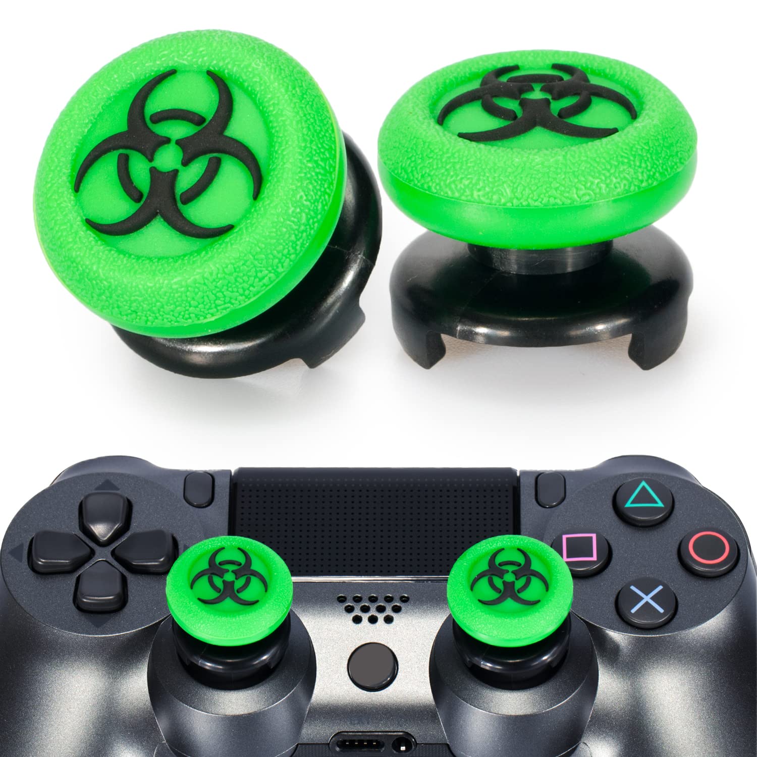 Playrealm FPS Thumbstick Extender & 3D Texture Rubber Silicone Grip Cover 2 Sets for PS5 Dualsenese & PS4 Controller (BioH Green)