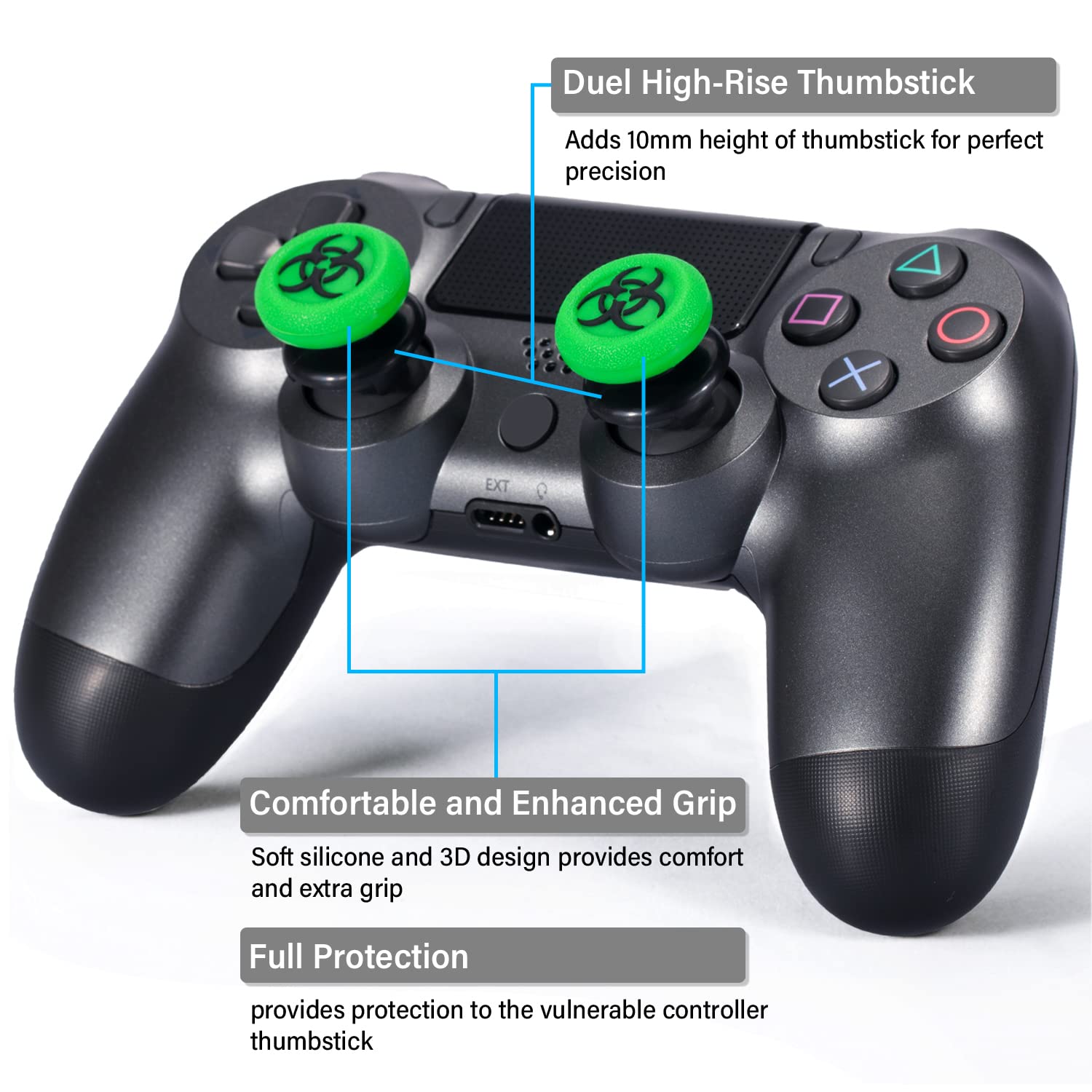 Playrealm FPS Thumbstick Extender & 3D Texture Rubber Silicone Grip Cover 2 Sets for PS5 Dualsenese & PS4 Controller (BioH Green)