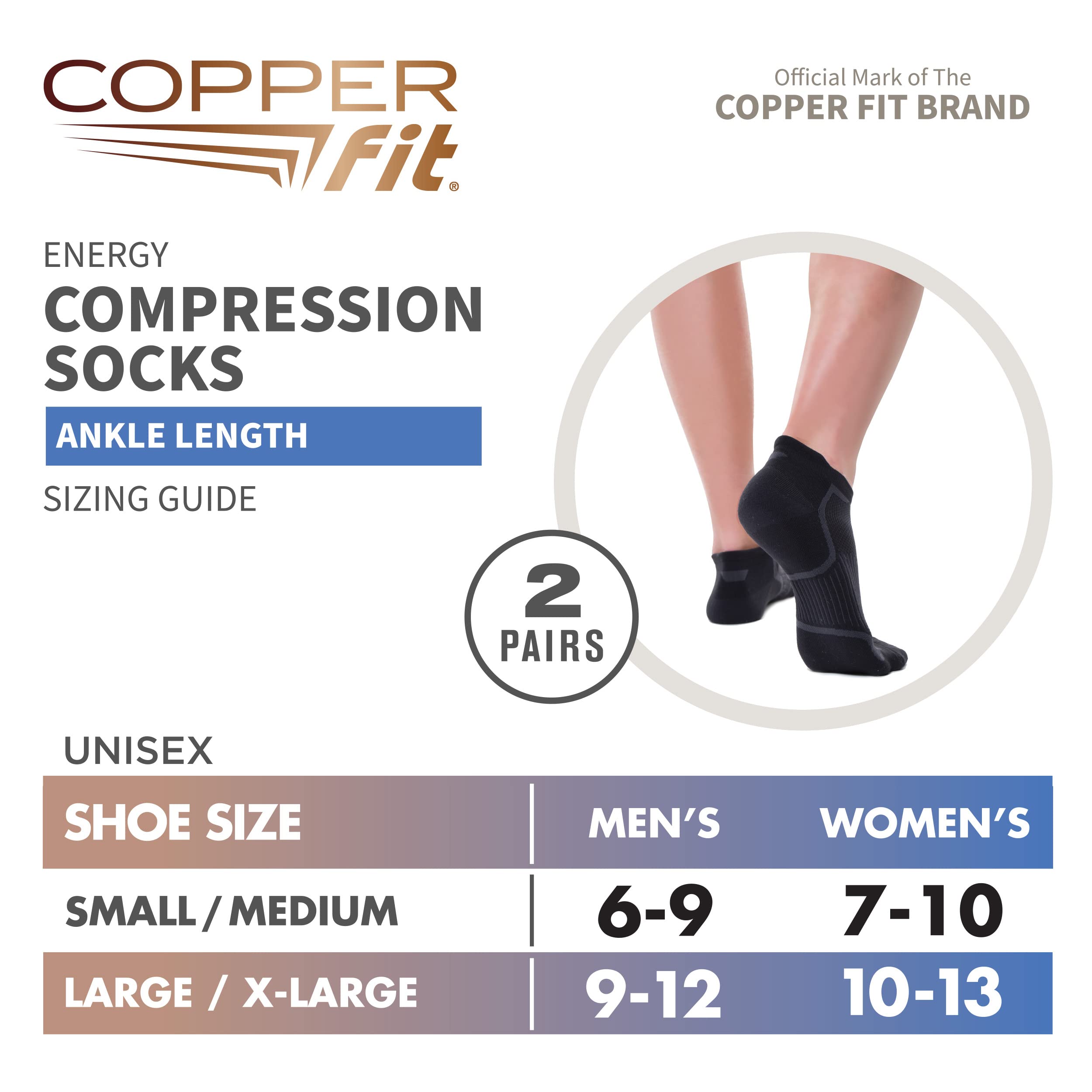 Copper Fit unisex adult Ankle Length Compression Socks, Black, Large-X-Large US (pack of 1 - 1 pair)