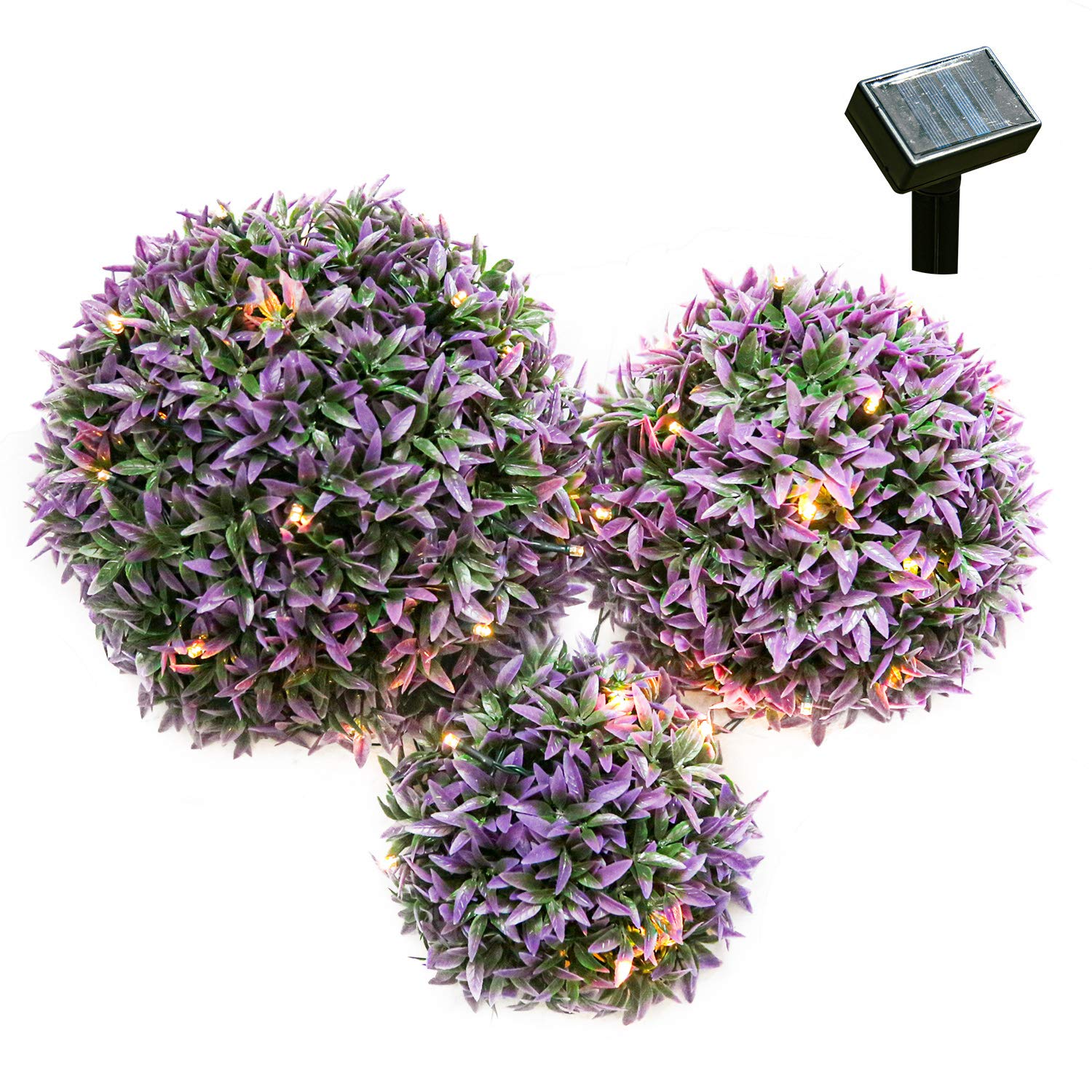 GiveU Pack of 3 Artificial Plant Hemisphere Grass Outdoor Fake Plants Plastic Plant with Solar Lights for Outdoor Garden Decoration-Purple, Dia 6/8/10Inches