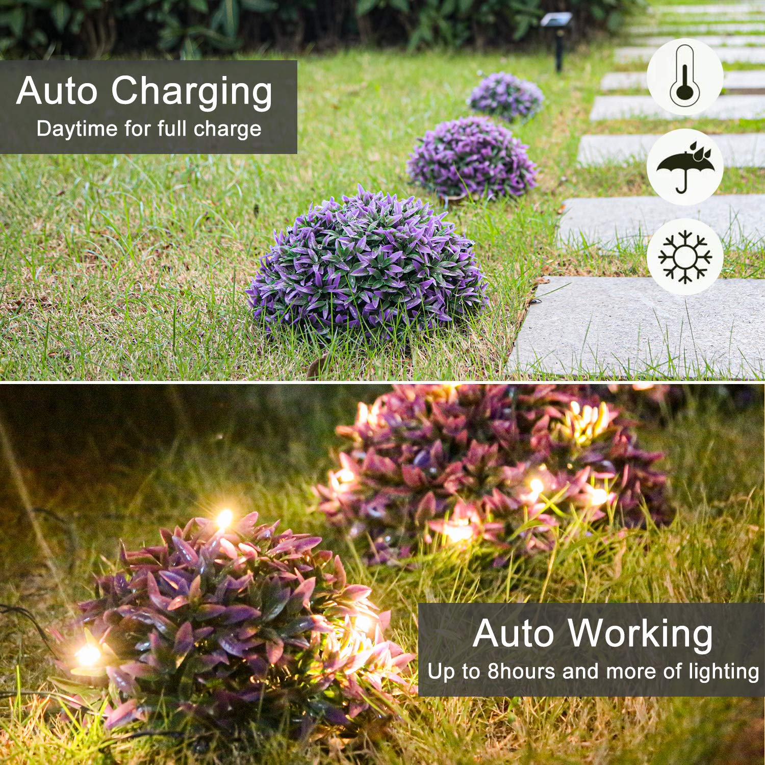 GiveU Pack of 3 Artificial Plant Hemisphere Grass Outdoor Fake Plants Plastic Plant with Solar Lights for Outdoor Garden Decoration-Purple, Dia 6/8/10Inches