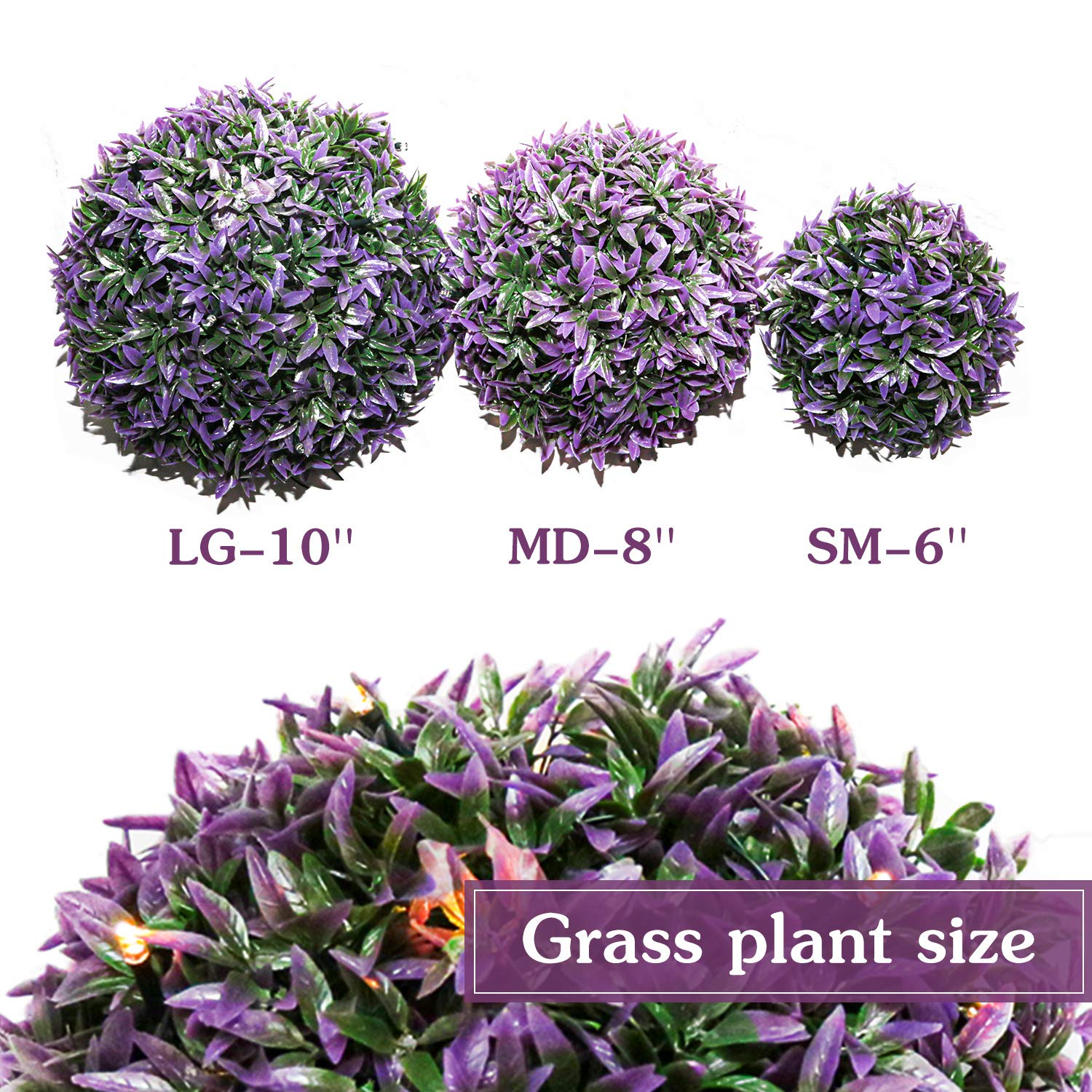 GiveU Pack of 3 Artificial Plant Hemisphere Grass Outdoor Fake Plants Plastic Plant with Solar Lights for Outdoor Garden Decoration-Purple, Dia 6/8/10Inches