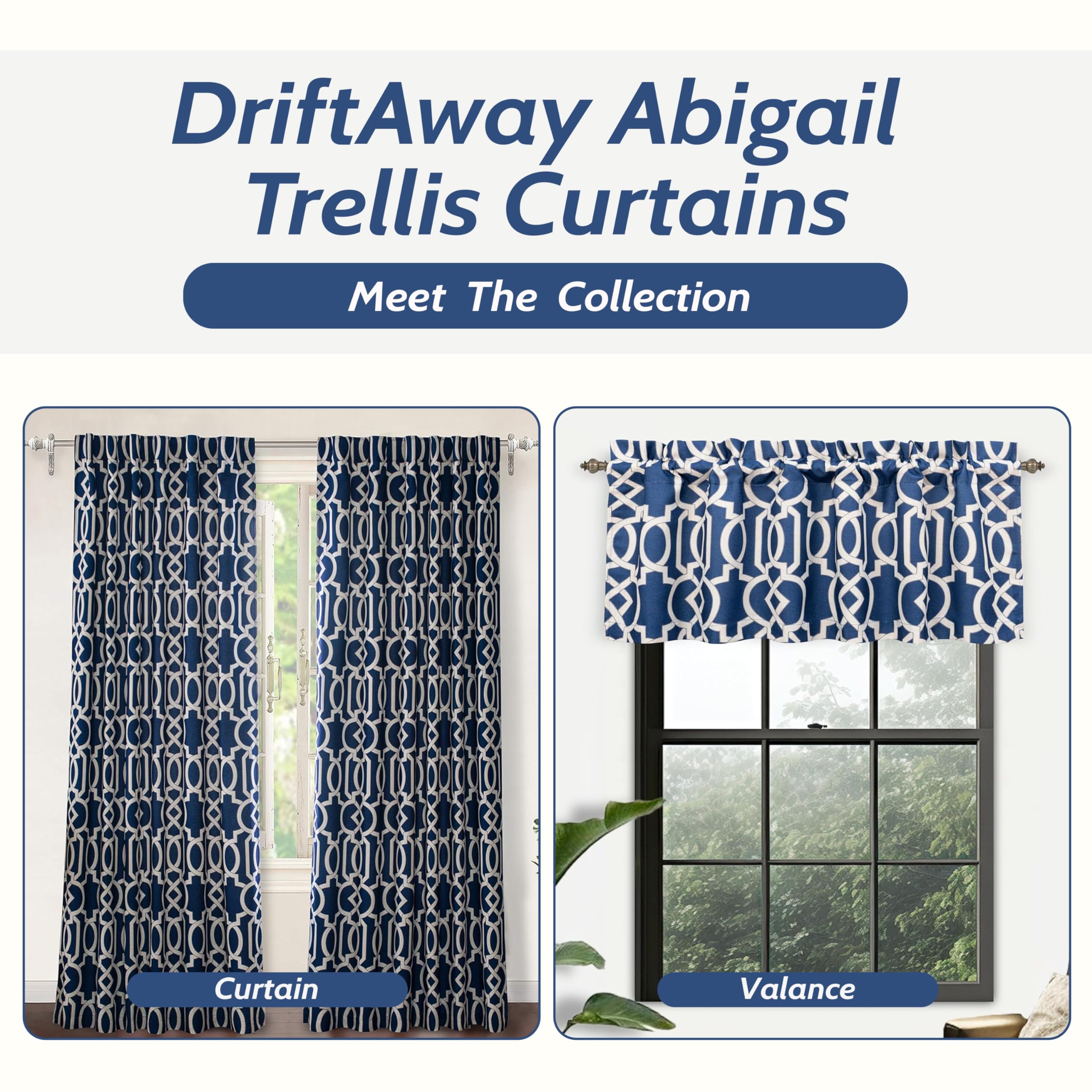 DriftAway Abigail Geometric Trellis Pattern Window Curtain Valance Rod Pocket 52 Inch by 18 Inch Navy