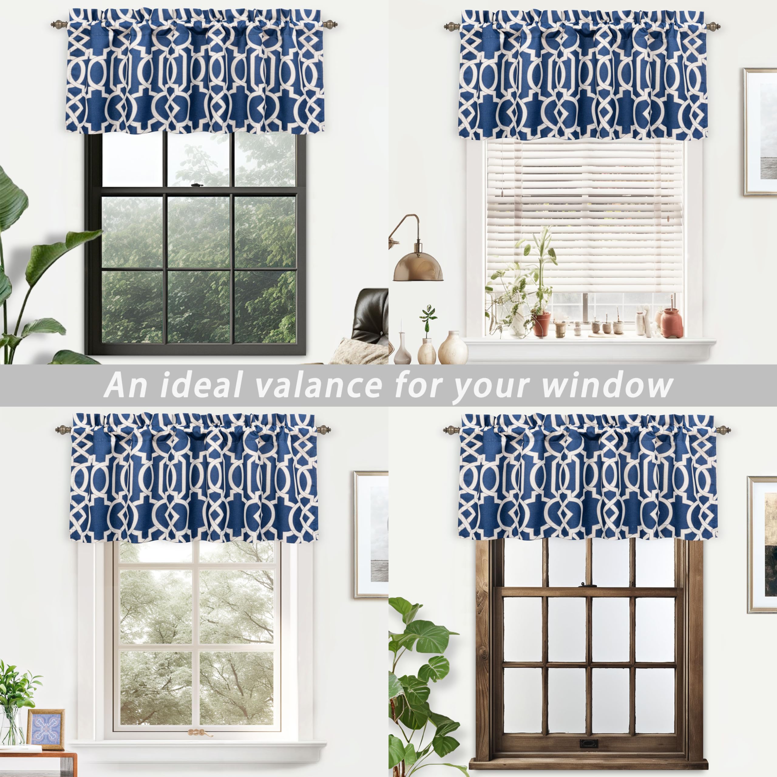 DriftAway Abigail Geometric Trellis Pattern Window Curtain Valance Rod Pocket 52 Inch by 18 Inch Navy