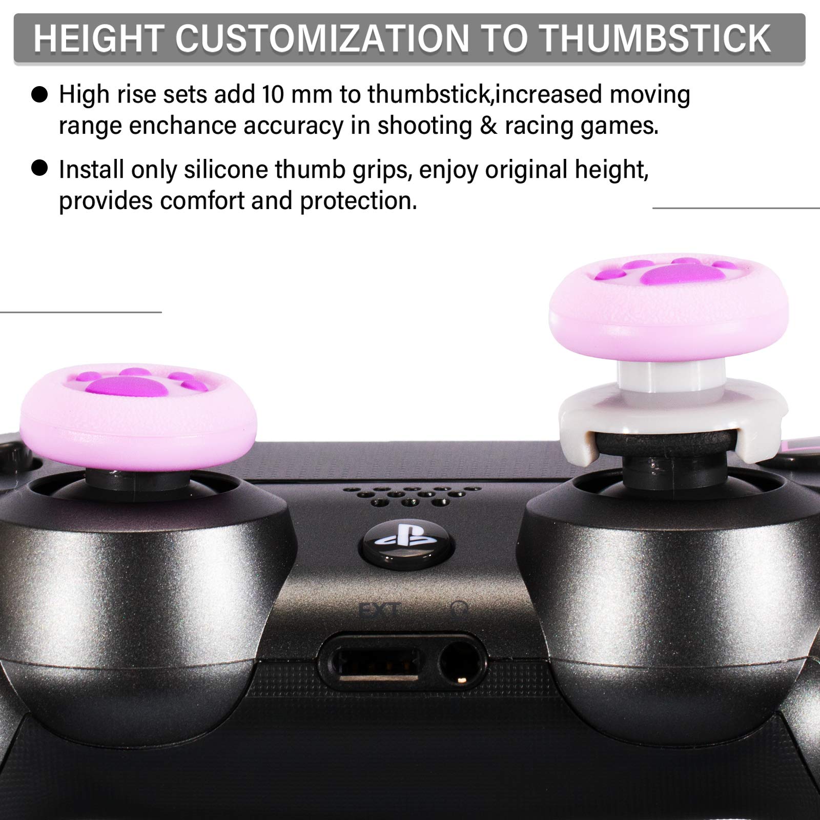 Playrealm FPS Thumbstick Extender & 3D Texture Rubber Silicone Grip Cover 2 Sets for PS5 Dualsenese & PS4 Controller (Cat Paw Purple)