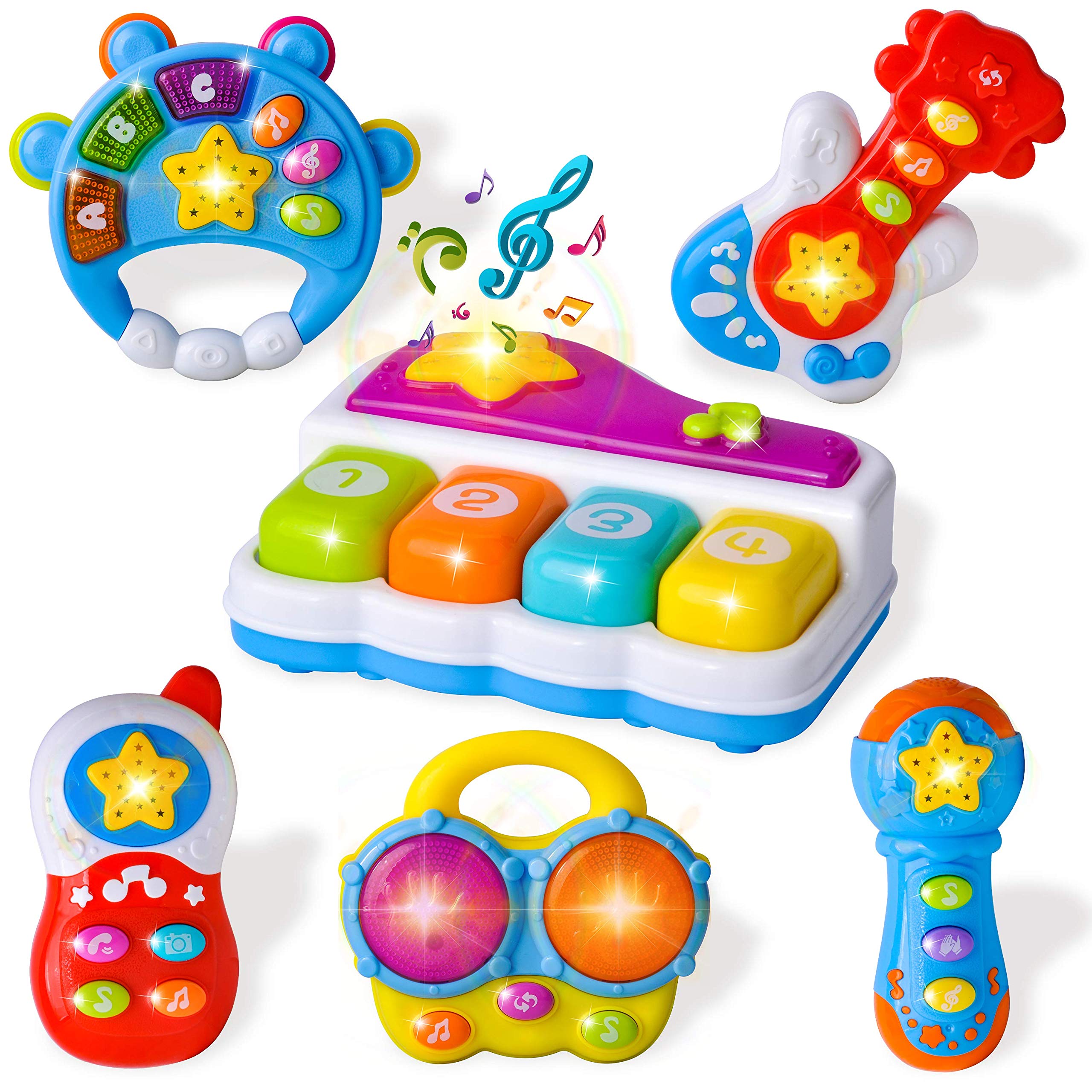 JOYIN 6 PCS Toddler Sensory Educational Musical Instrument Toys Include Driving Steering Wheel Toy, Pretend Play Cellphone with Music, Piano Keyboard Toy for Toddler Boys and Girls