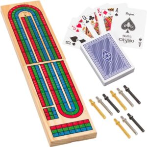 regal games cribbage board game set w/storage - fun table game with wooden board for adults & kids - 9 metal pegs, deck of playing cards & 2-4 player games - ideal for game night, travel (ages 8+)