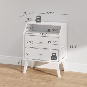 Prepac Milo Mid-Century Modern 2 Drawer Nightstand With Angled Top, Bedside Table, Contemporary Bedroom Furniture, 16"D x 22.5"W x 29.5"H, White, WDNR-1403-1