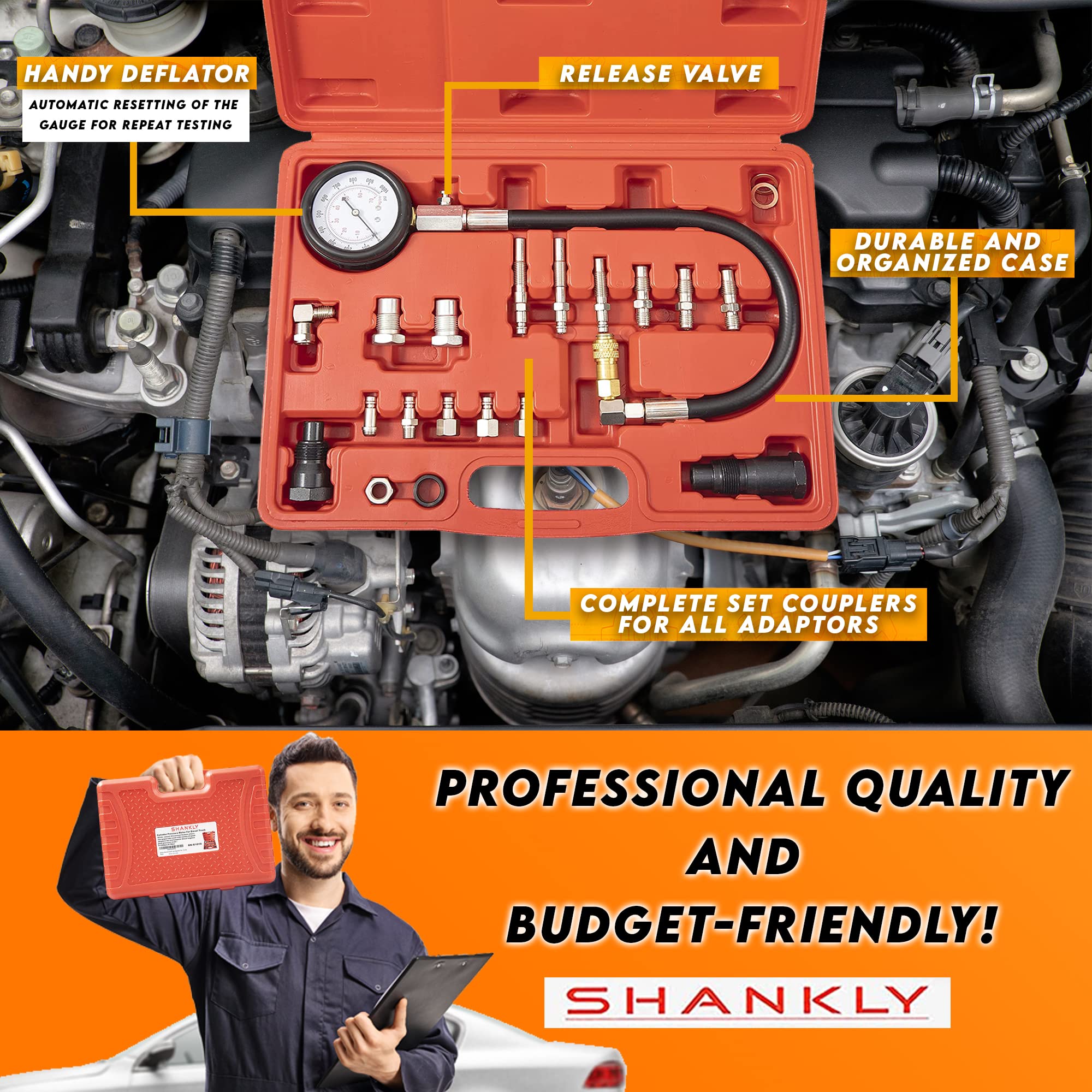 Shankly Diesel Engine Compression Tester Automotive Fuel Pressure Tester Kit, Engine Compression Gauges Tool 1000 PSI with Cylinder Compression Tester Hose - Comes with Carrying Case