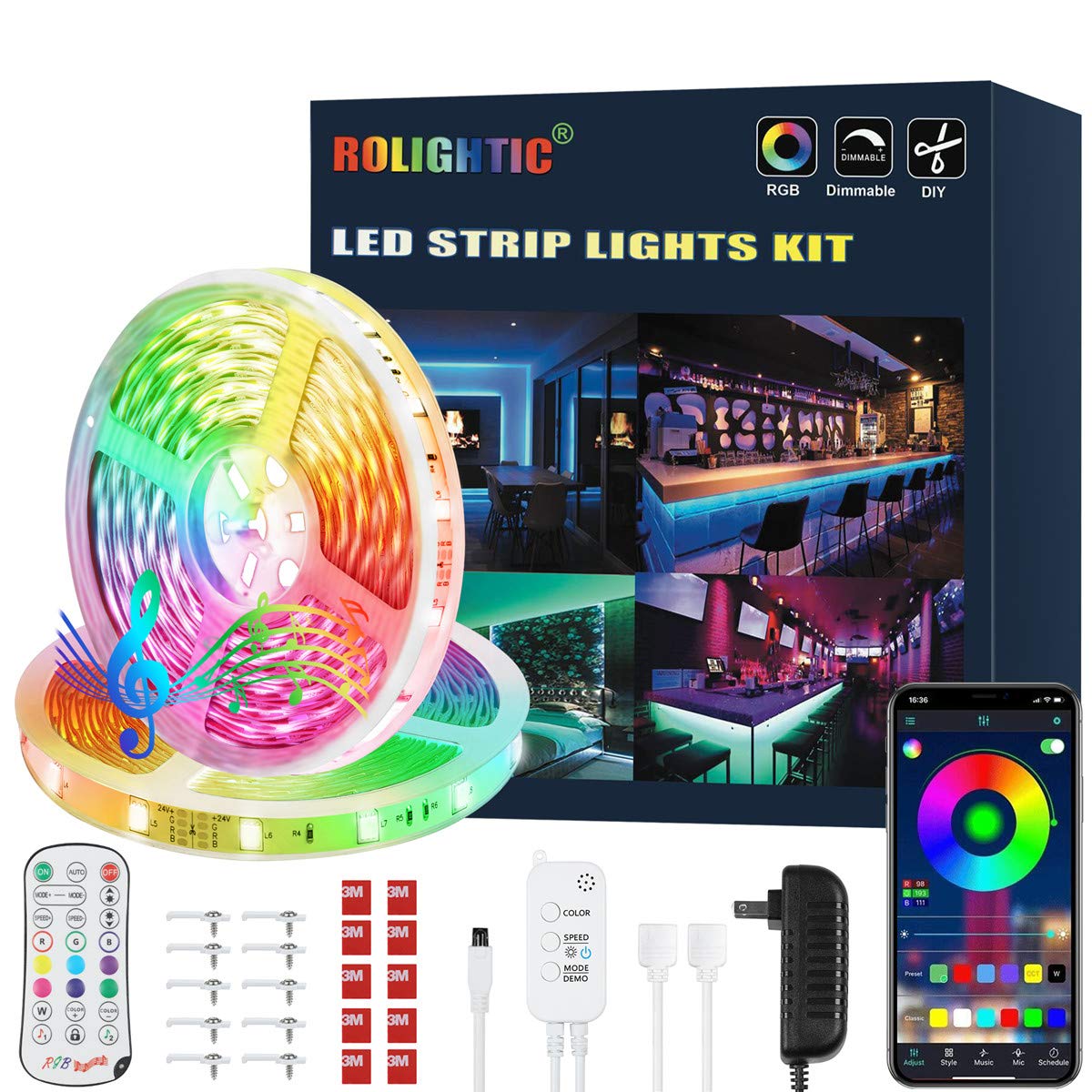 50Ft LED Strip Lights Music Sync Color Changing RGB LED Strip with Remote, Sensitive Built-in Mic, App Controlled LED Lights Tape Lights, 5050 RGB LED Light Strip (APP+Remote+Mic+3 Button Switch)