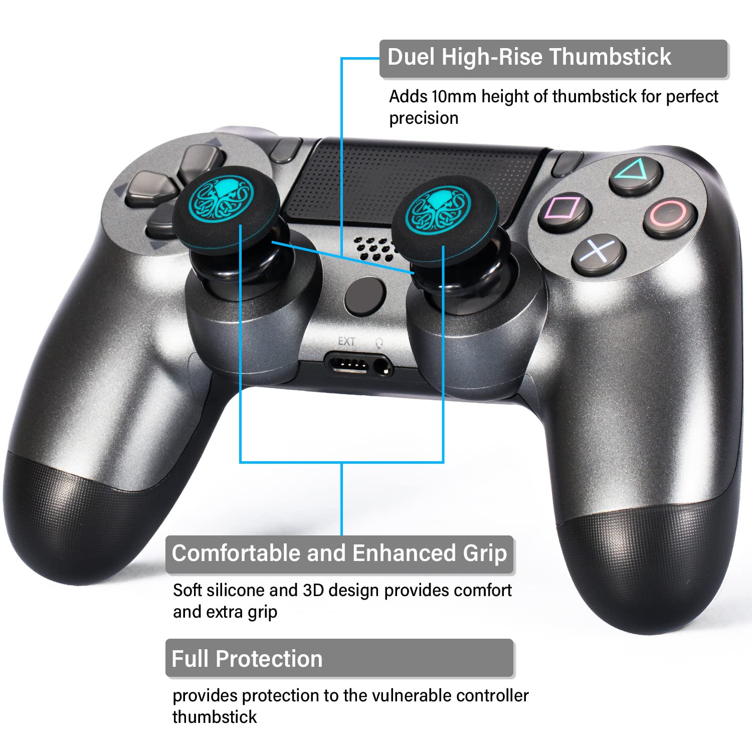 Playrealm FPS Thumbstick Extender & Printing Rubber Silicone Grip Cover 2 Sets for PS5 Dualsenese & PS4 Controller (Cthulhu Abyss Blue)