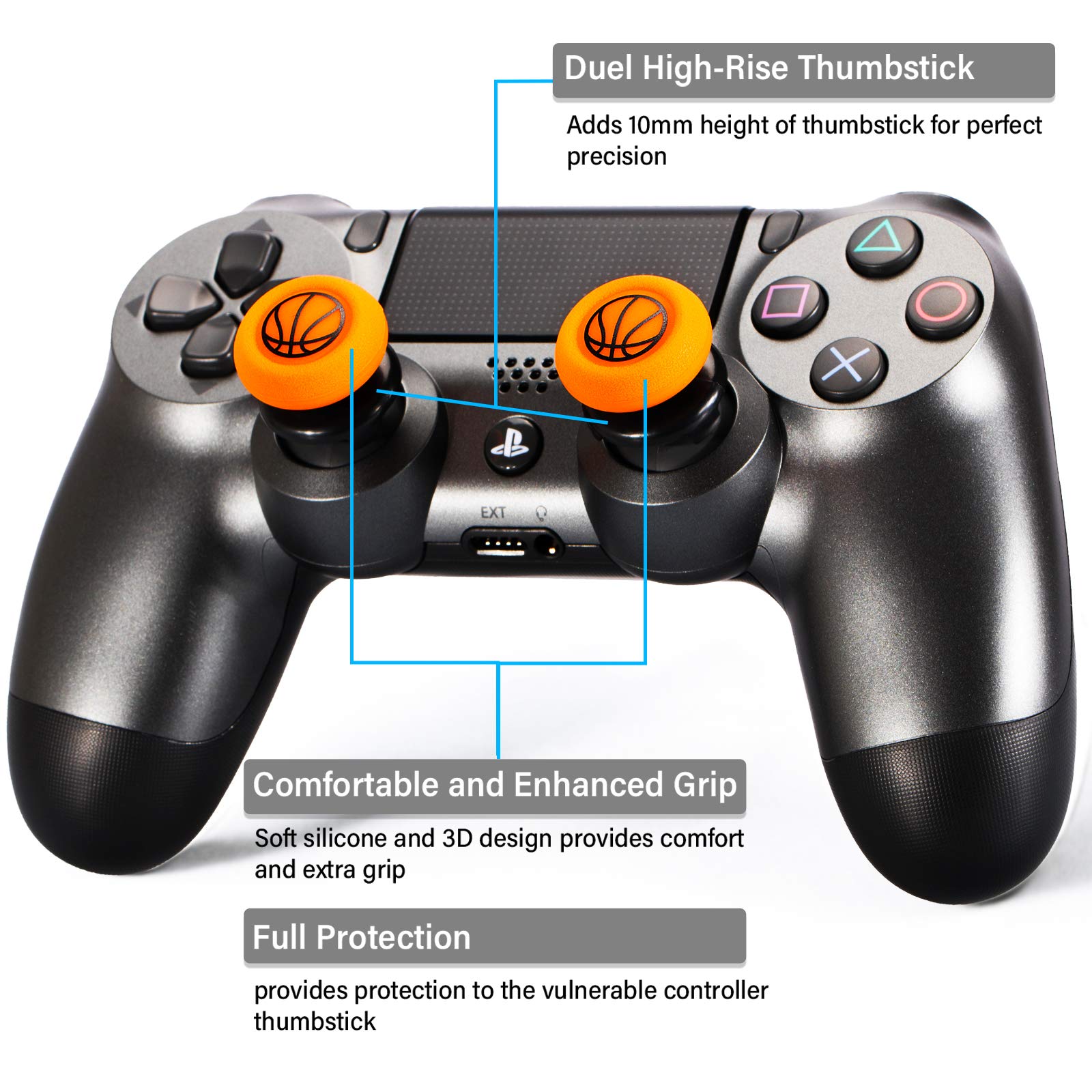 Playrealm FPS Thumbstick Extender & Printing Rubber Silicone Grip Cover 2 Sets for PS5 Dualsenese & PS4 Controller (Basketball)