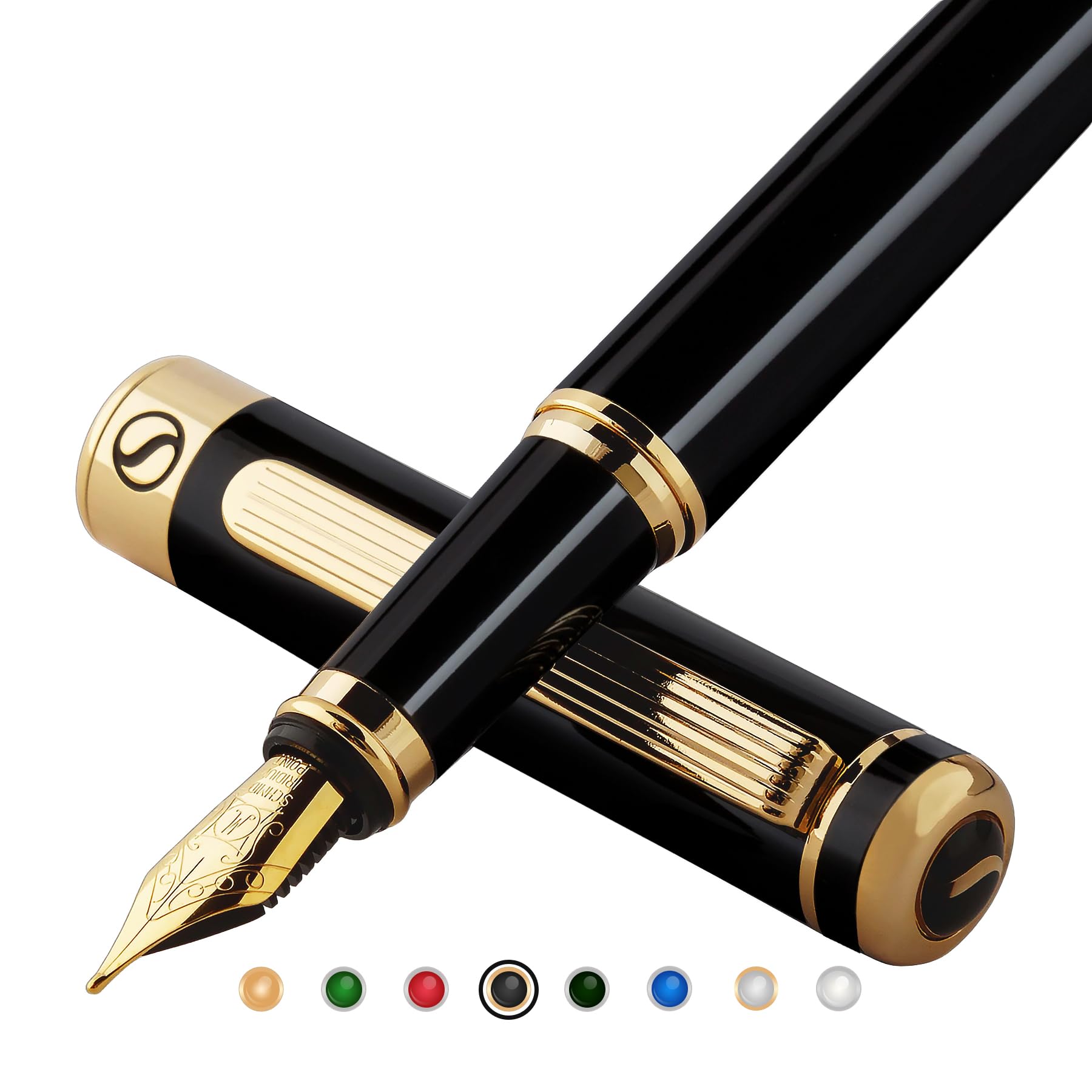 Scriveiner Luxury Fountain Pen - Stunning Black Lacquer Pen, 24K Gold Finish, Schmidt 18K Gilded Nib (Medium), Converter, Best Pen Gift Set for Men & Women, Professional, Executive, Office, Nice Pens