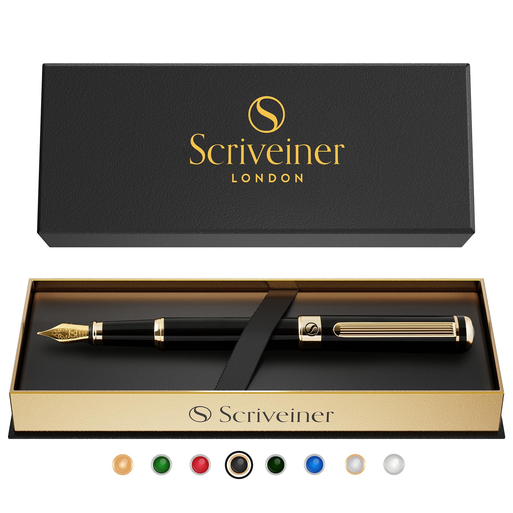 Scriveiner Luxury Fountain Pen - Stunning Black Lacquer Pen, 24K Gold Finish, Schmidt 18K Gilded Nib (Medium), Converter, Best Pen Gift Set for Men & Women, Professional, Executive, Office, Nice Pens