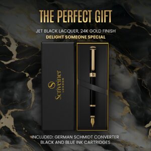 Scriveiner Luxury Fountain Pen - Stunning Black Lacquer Pen, 24K Gold Finish, Schmidt 18K Gilded Nib (Medium), Converter, Best Pen Gift Set for Men & Women, Professional, Executive, Office, Nice Pens