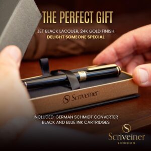 Scriveiner Luxury Fountain Pen - Stunning Black Lacquer Pen, 24K Gold Finish, Schmidt 18K Gilded Nib (Medium), Converter, Best Pen Gift Set for Men & Women, Professional, Executive, Office, Nice Pens