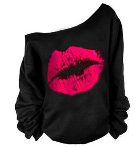 magicmk woman’s sweatershirt lips print causal blouse off the shoulder long sleeve loose slouchy pullover plus size tops…(xxxl)