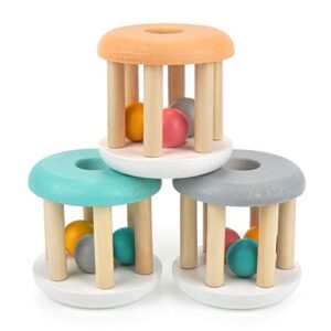 duckboxx xx wooden rattle rollers for babies ages 0m – 2yrs (white base - 3pcs)