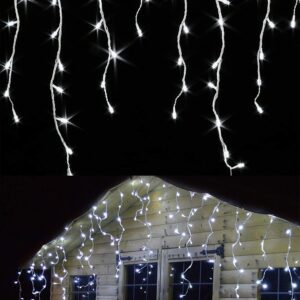 gresonic led icicle lights christmas lights,49.2ft 600 leds with 120 drops waterproof fairy string lights plug in outdoor indoor bedroom patio yard garden wedding party holiday wall(cool white)