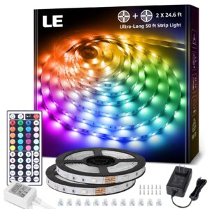 le 50ft led strip lights, ultra-long rgb 5050 led strips with remote controller and fixing clips, color changing tape light with 12v adapter for halloween decorations, bedroom, room(2 x 24.6ft)