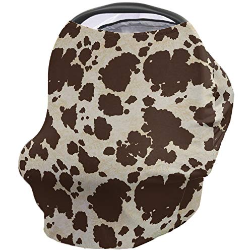 Baby Nursing Covers for Breastfeeding, Baby Car Seat Canopy Covers Scarf for Boys Girls, Brown Cowhide Canopy, Stretchy Soft Breathable Poncho Infant Stroller Cover, Cow Skin Print