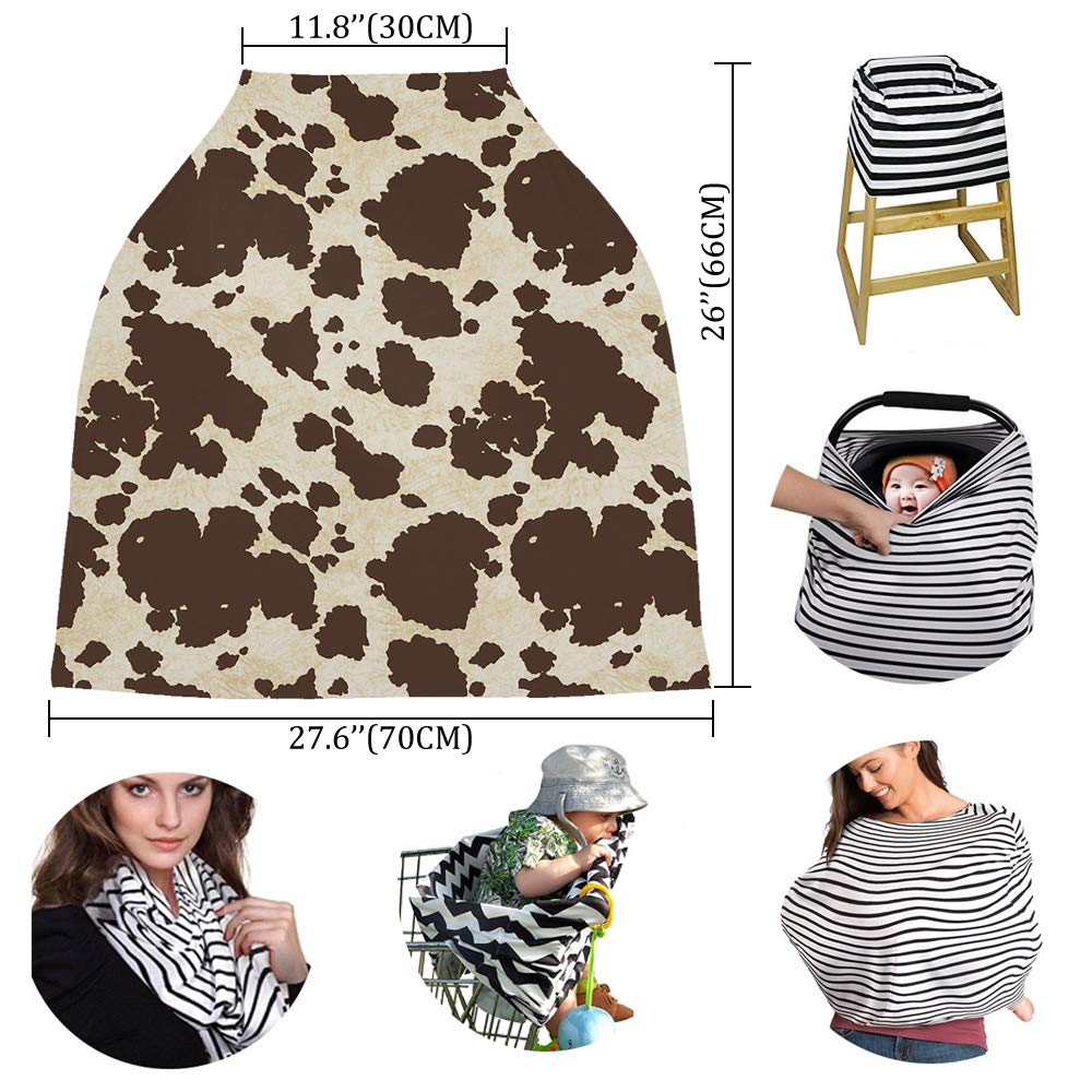 Baby Nursing Covers for Breastfeeding, Baby Car Seat Canopy Covers Scarf for Boys Girls, Brown Cowhide Canopy, Stretchy Soft Breathable Poncho Infant Stroller Cover, Cow Skin Print