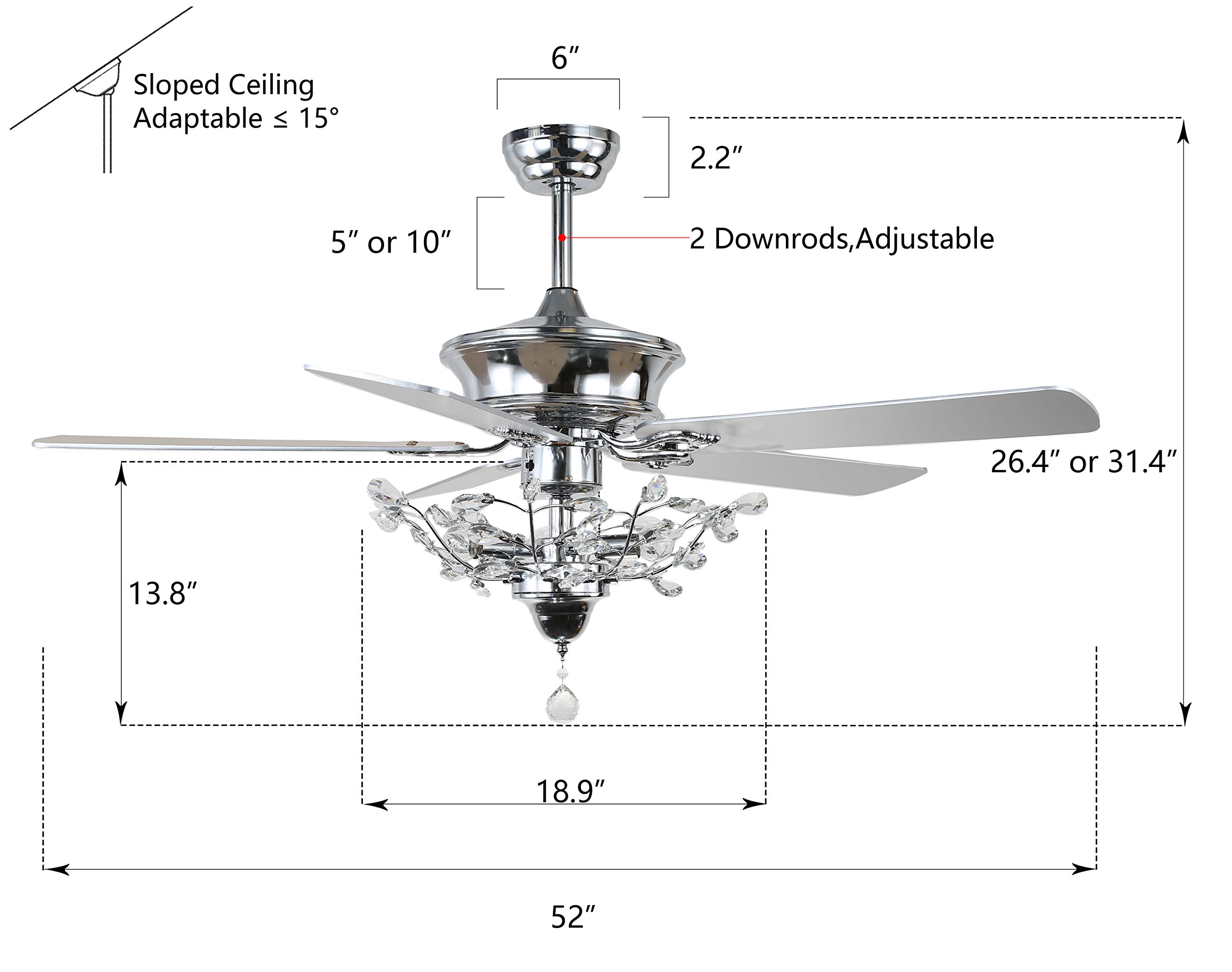 Bella Depot 52-in Chrome Branches Crystal Ceiling Fan, Remote Control, Reversible Motor & 5 Wood Reversible Blades, K9 Crystal Pendant, Chrome Finish (Chrome)