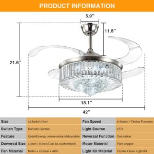 Crystal Chandelier Ceiling Fan with LED Light and Remote Control, 42" Modern Retractable Blade Ceiling Fans Light, 3 Lights Color and 6 Speeds, Perfect for Living Room, Bedroom (Crystal Silver)