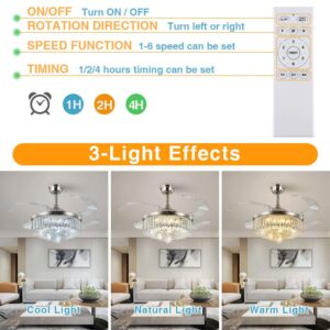 Crystal Chandelier Ceiling Fan with LED Light and Remote Control, 42" Modern Retractable Blade Ceiling Fans Light, 3 Lights Color and 6 Speeds, Perfect for Living Room, Bedroom (Crystal Silver)