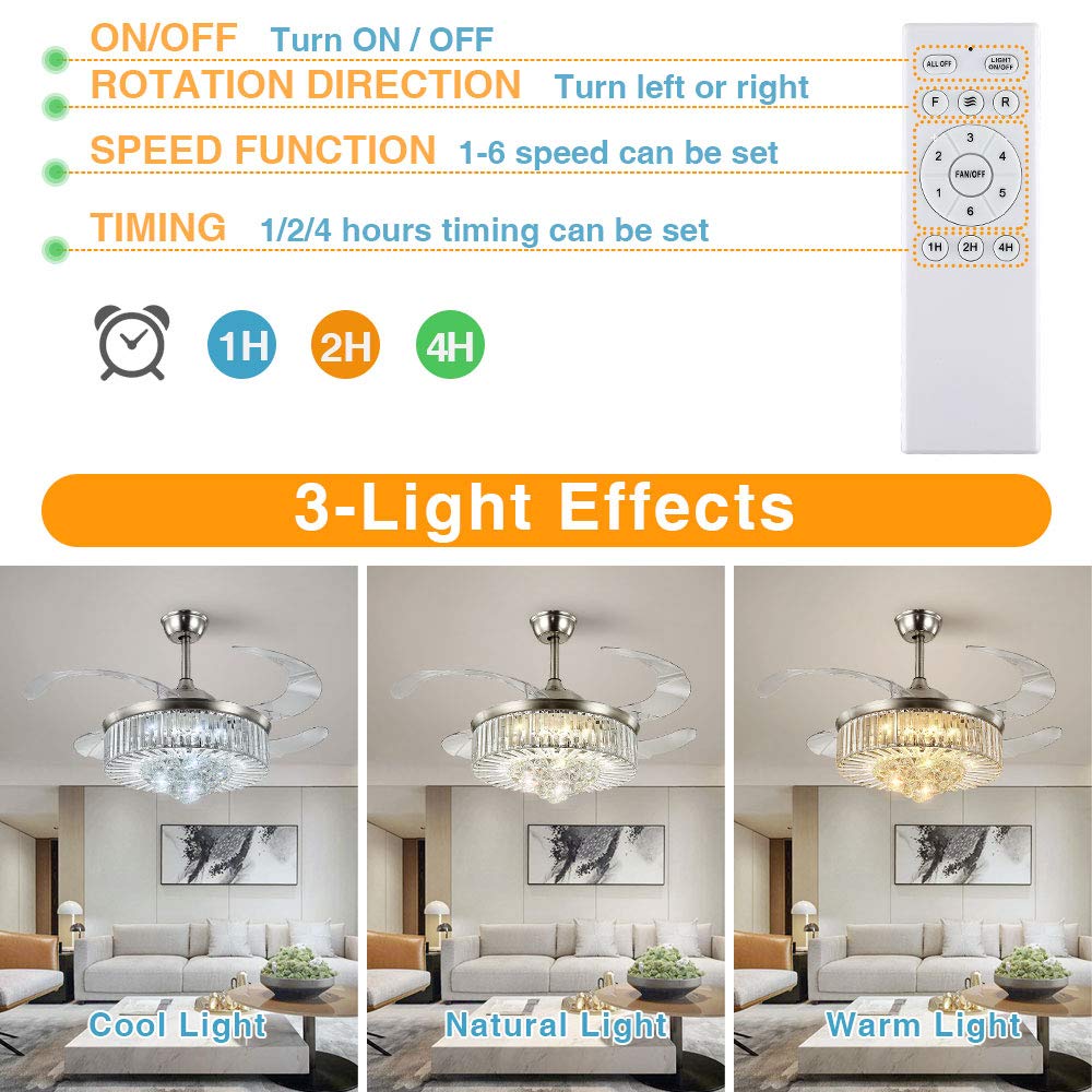 Crystal Chandelier Ceiling Fan with LED Light and Remote Control, 42" Modern Retractable Blade Ceiling Fans Light, 3 Lights Color and 6 Speeds, Perfect for Living Room, Bedroom (Crystal Silver)