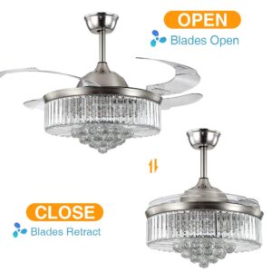 Crystal Chandelier Ceiling Fan with LED Light and Remote Control, 42" Modern Retractable Blade Ceiling Fans Light, 3 Lights Color and 6 Speeds, Perfect for Living Room, Bedroom (Crystal Silver)