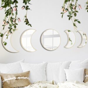 yubaihui 5pcs boho home wall decor moon phase decorative mirror set acrylic bedroom bohemian decoration self adhesive ornament living room decor (beige)