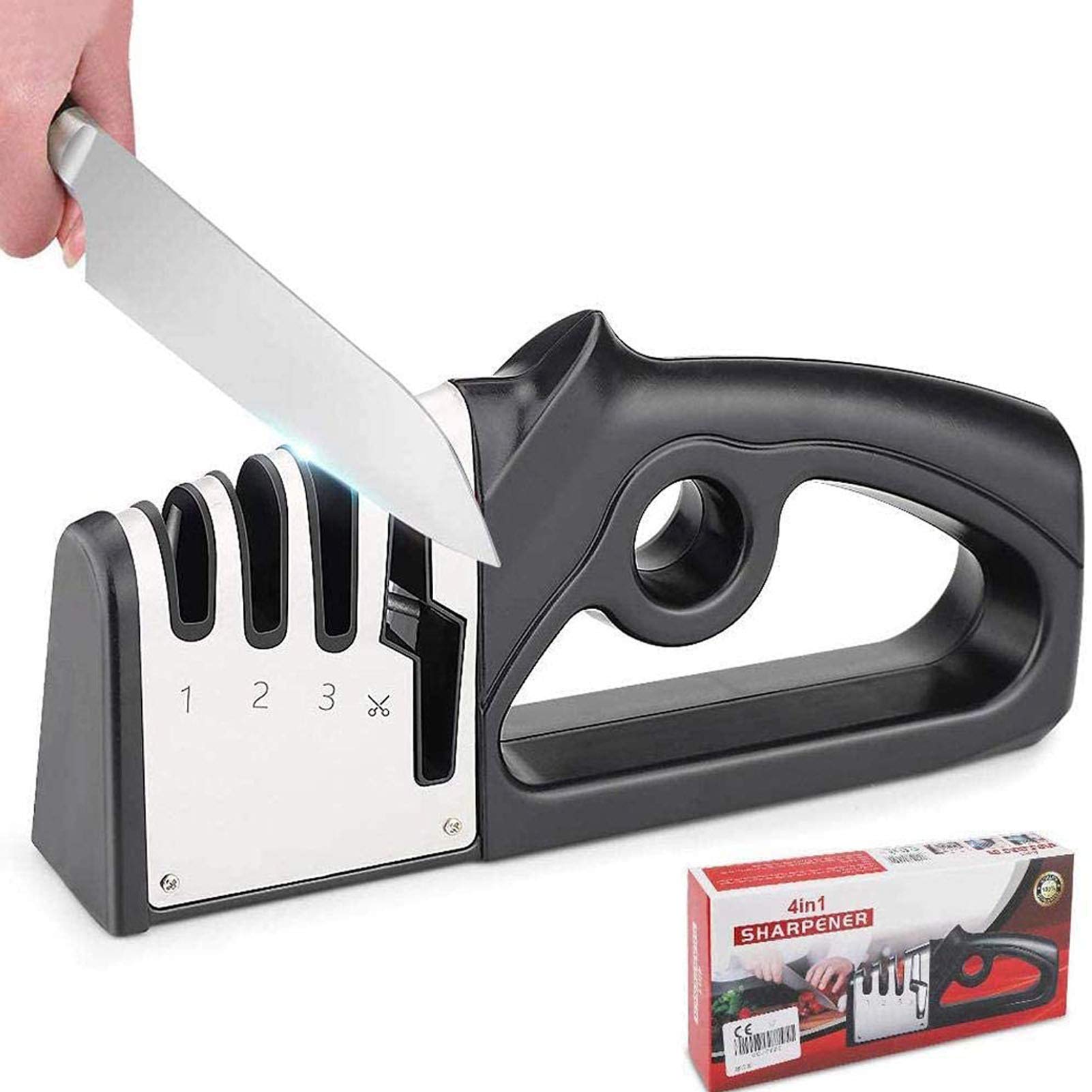 4 Stage Manual Kitchen Knife Sharpener - XPANON Professional Stainless Steel Chef Knives Sharpener with Scissors Sharper, Easy to Use for Kitchen, Camping & Hiking