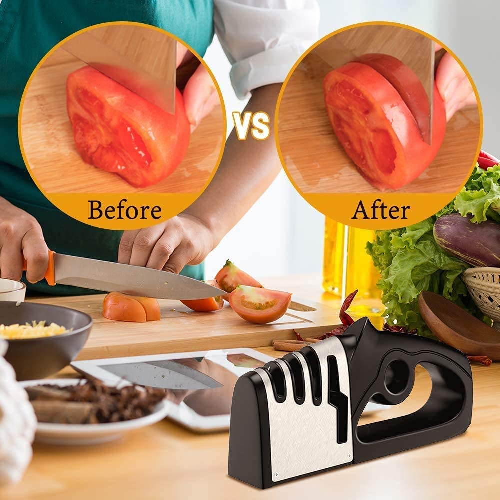 4 Stage Manual Kitchen Knife Sharpener - XPANON Professional Stainless Steel Chef Knives Sharpener with Scissors Sharper, Easy to Use for Kitchen, Camping & Hiking