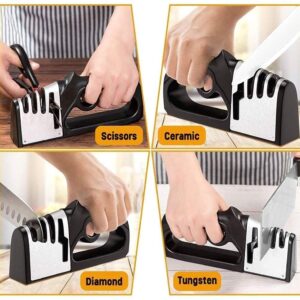 4 Stage Manual Kitchen Knife Sharpener - XPANON Professional Stainless Steel Chef Knives Sharpener with Scissors Sharper, Easy to Use for Kitchen, Camping & Hiking