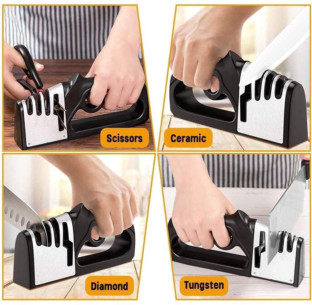 4 Stage Manual Kitchen Knife Sharpener - XPANON Professional Stainless Steel Chef Knives Sharpener with Scissors Sharper, Easy to Use for Kitchen, Camping & Hiking