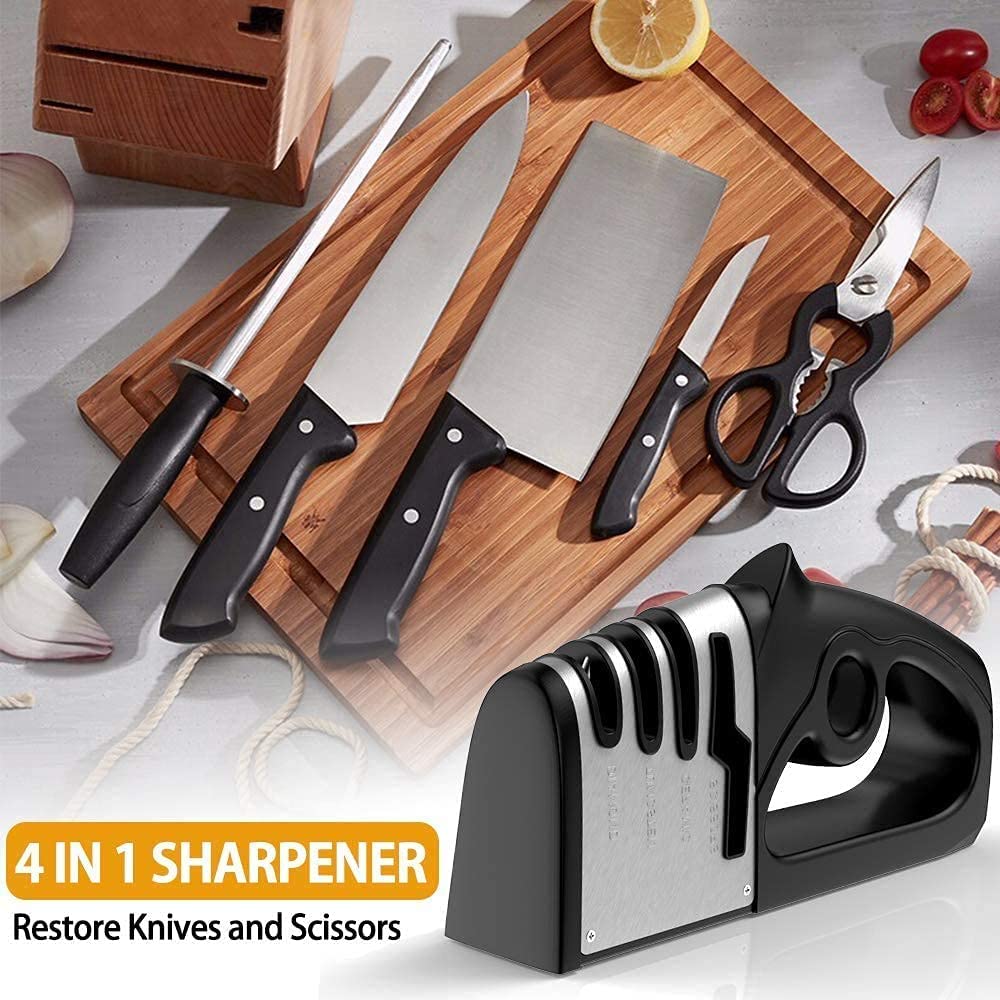 4 Stage Manual Kitchen Knife Sharpener - XPANON Professional Stainless Steel Chef Knives Sharpener with Scissors Sharper, Easy to Use for Kitchen, Camping & Hiking