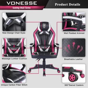 Girls Gaming Chair, Light Pink Computer Chair with Massage, Rose Desk Chair for Girls, Carbon Fiber PC Chair for Adults, Video Game Chair for Teens, Light Pink Modern Chair, Mute-Rolling Castors(Rose)