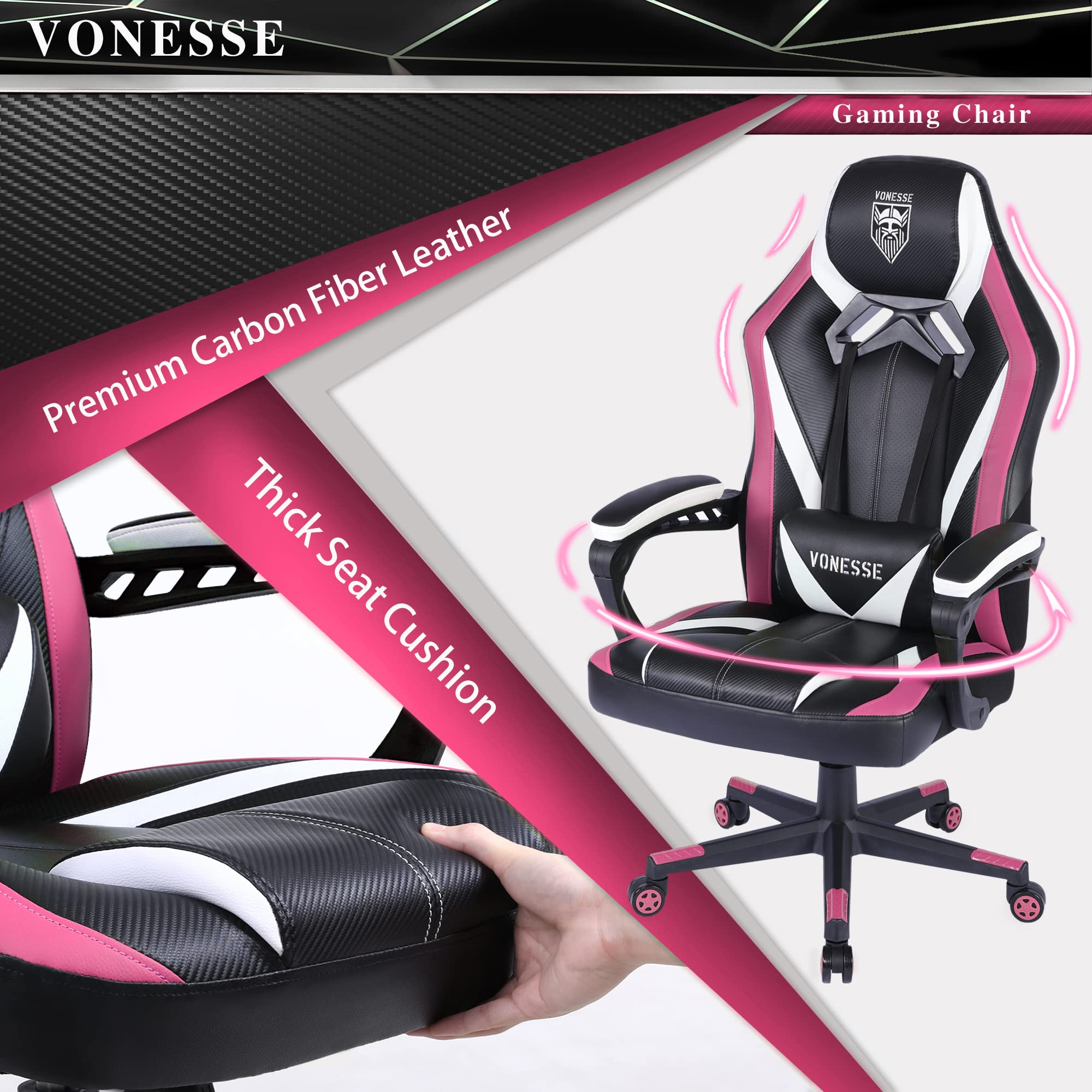 Girls Gaming Chair, Light Pink Computer Chair with Massage, Rose Desk Chair for Girls, Carbon Fiber PC Chair for Adults, Video Game Chair for Teens, Light Pink Modern Chair, Mute-Rolling Castors(Rose)