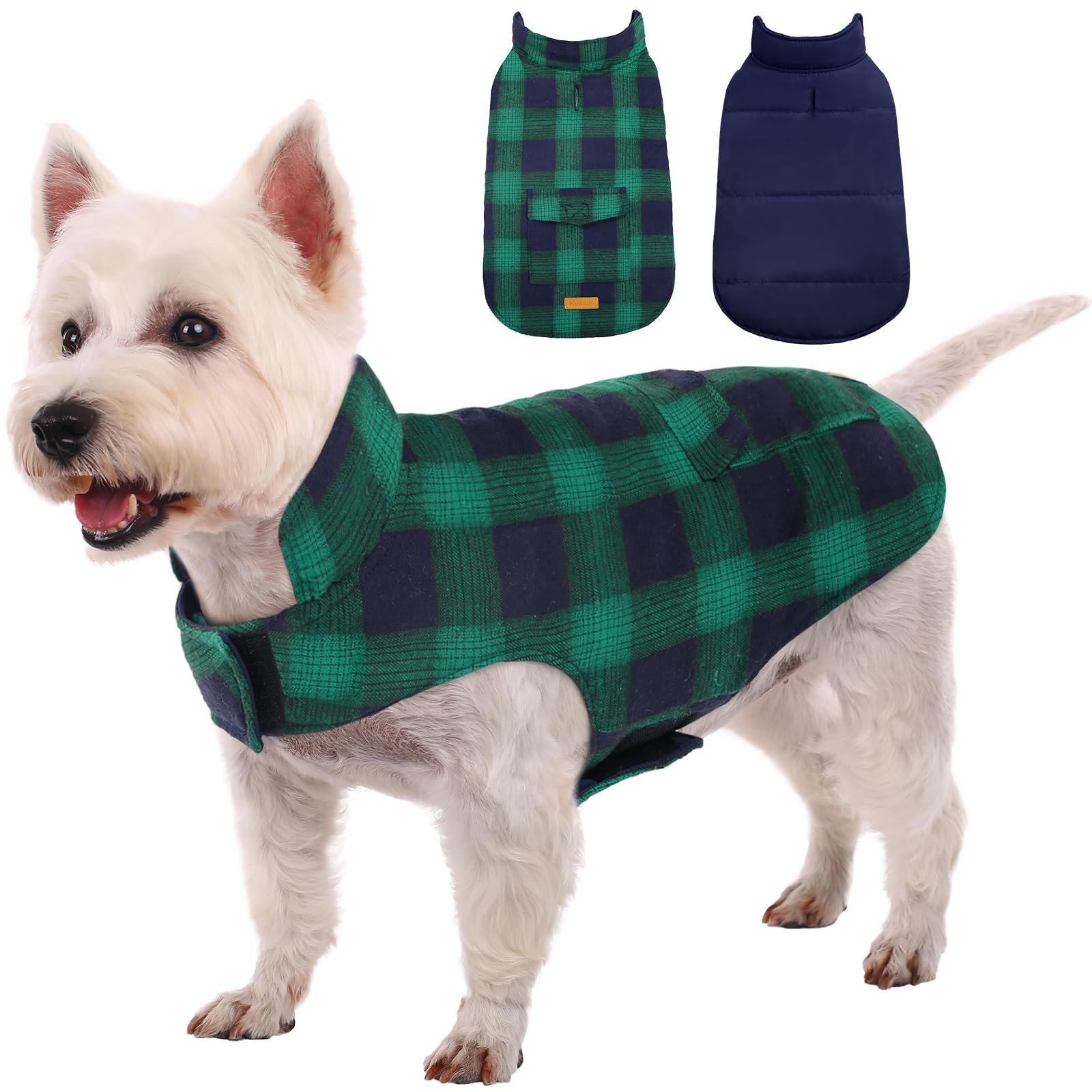 Kuoser Dog Winter Coat, Reversible Dog Jacket, Warm Dog Coat British Style Puppy Cold Weather Coat, Windproof Dog Clothes Dog Vest for Small Medium and Large Dogs Green XS