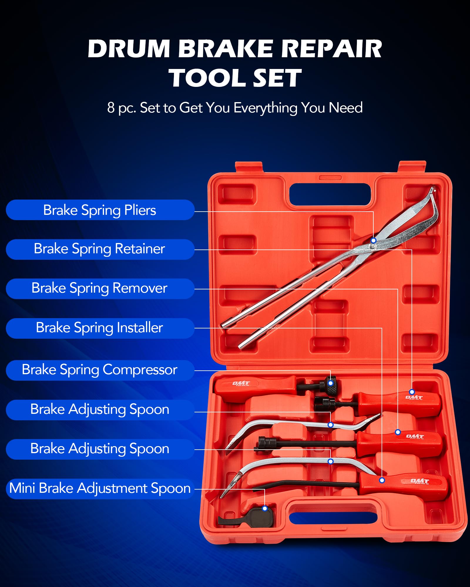 Orion Motor Tech 8pc Drum Brake Tool Kit, Drum Brake Tool with Drum Brake Spring Tool, Brake Spring Compressor, Brake Spring Pliers, Drum Brake Adjusting Tool, Brake Spoon Set, Brake Drum Tool Kit